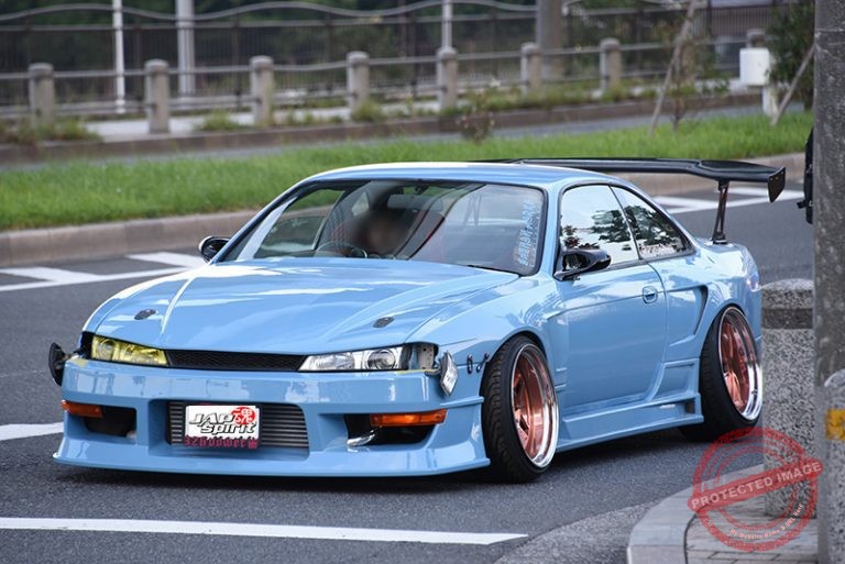 Stancenation 2016 Nissan Silvia S14 hellaflush spocom style GT wing light blue body at odaiba ...